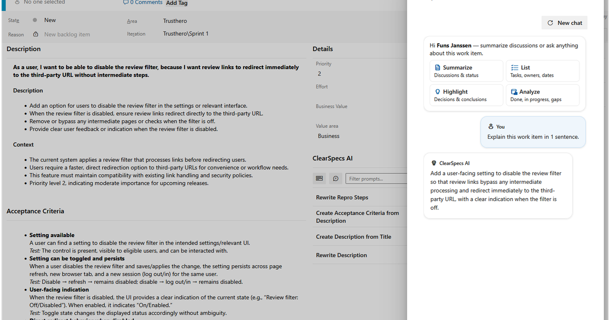 AI Work Item Assistant for Azure DevOps Boards | ClearSpecs AI